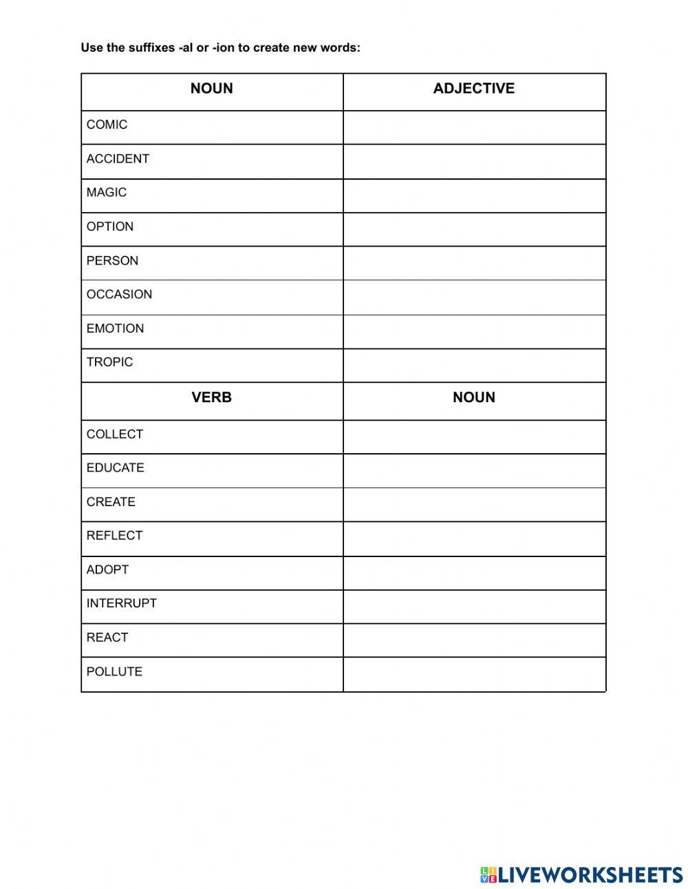 Suffixes al and ion worksheet | Live Worksheets