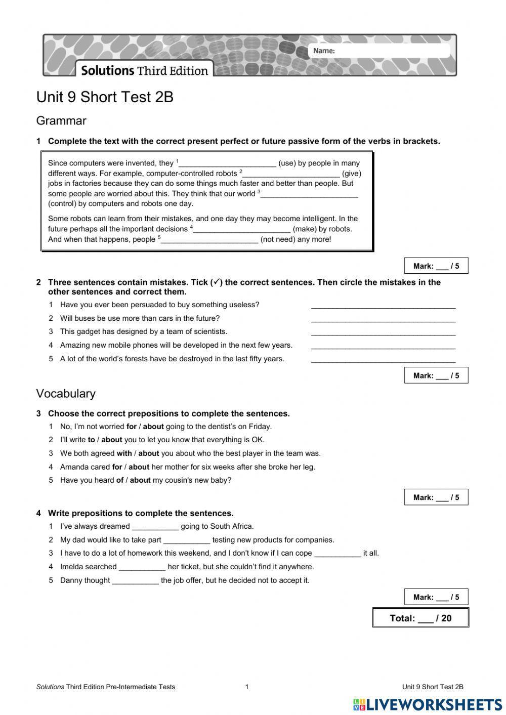Unit 9 short test 2b - pre inter 2144379