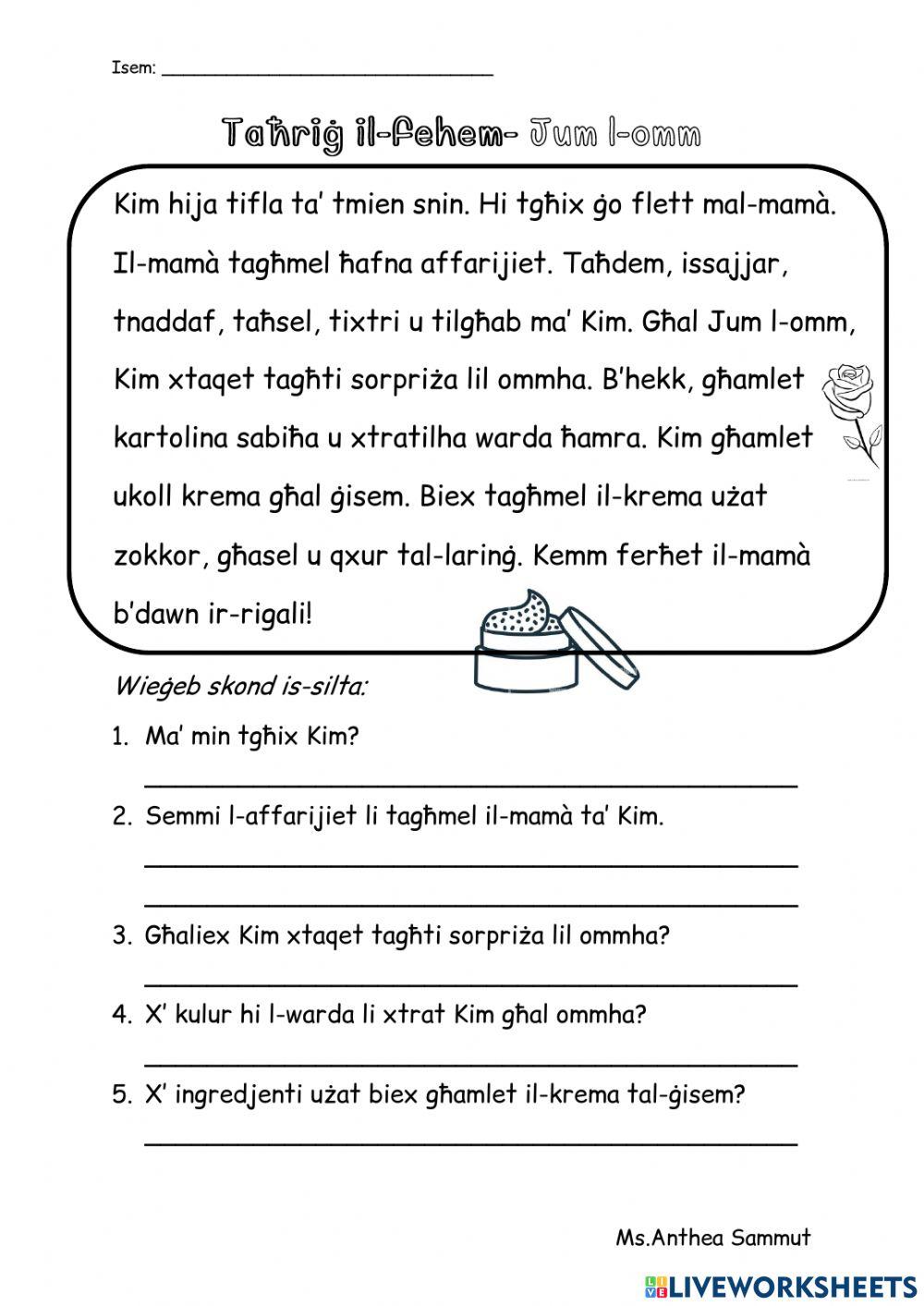 Taħriġ il-fehem- Jum l-omm online exercise for | Live Worksheets