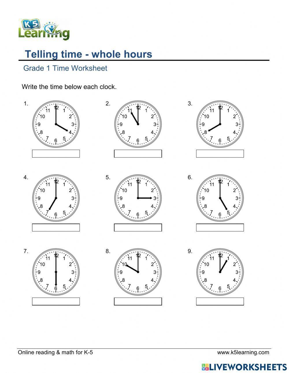Telling time to hour worksheet | Live Worksheets