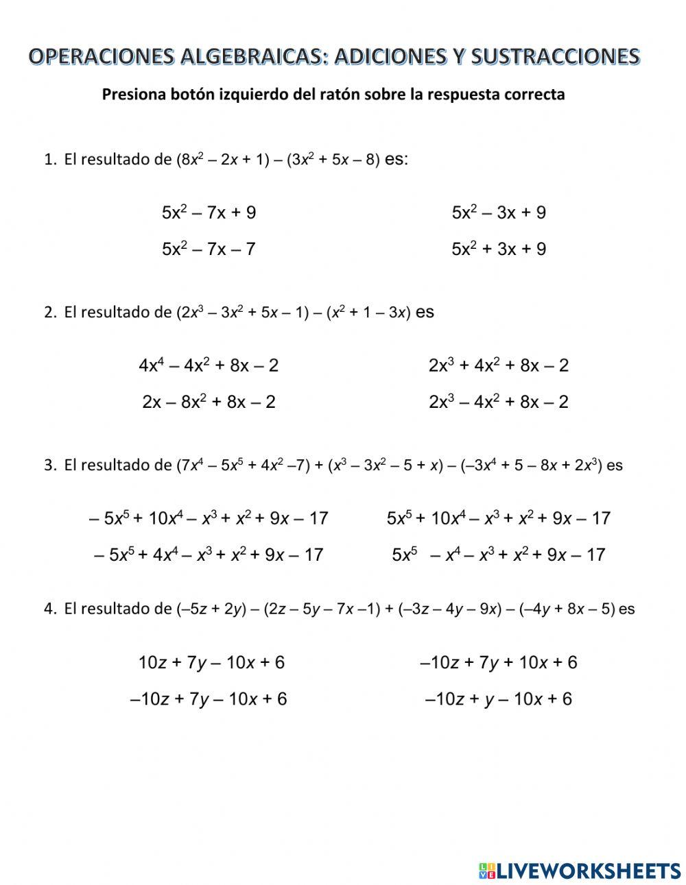 Operaciones algebraicas online activity for Bachillerato | Live Worksheets