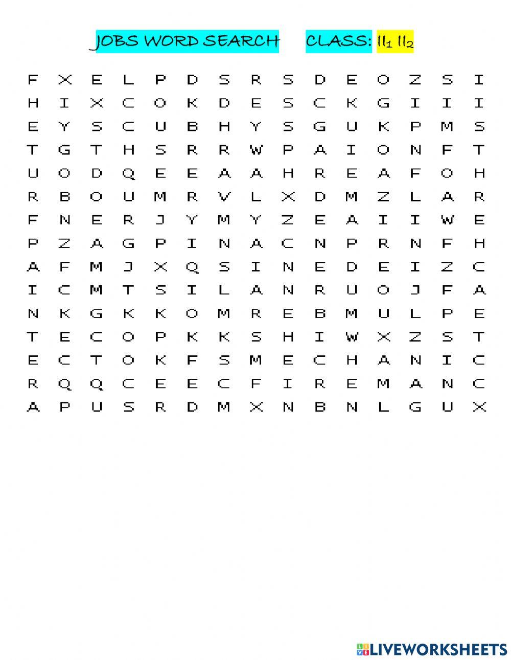 Jobs word search interactive worksheet | Live Worksheets