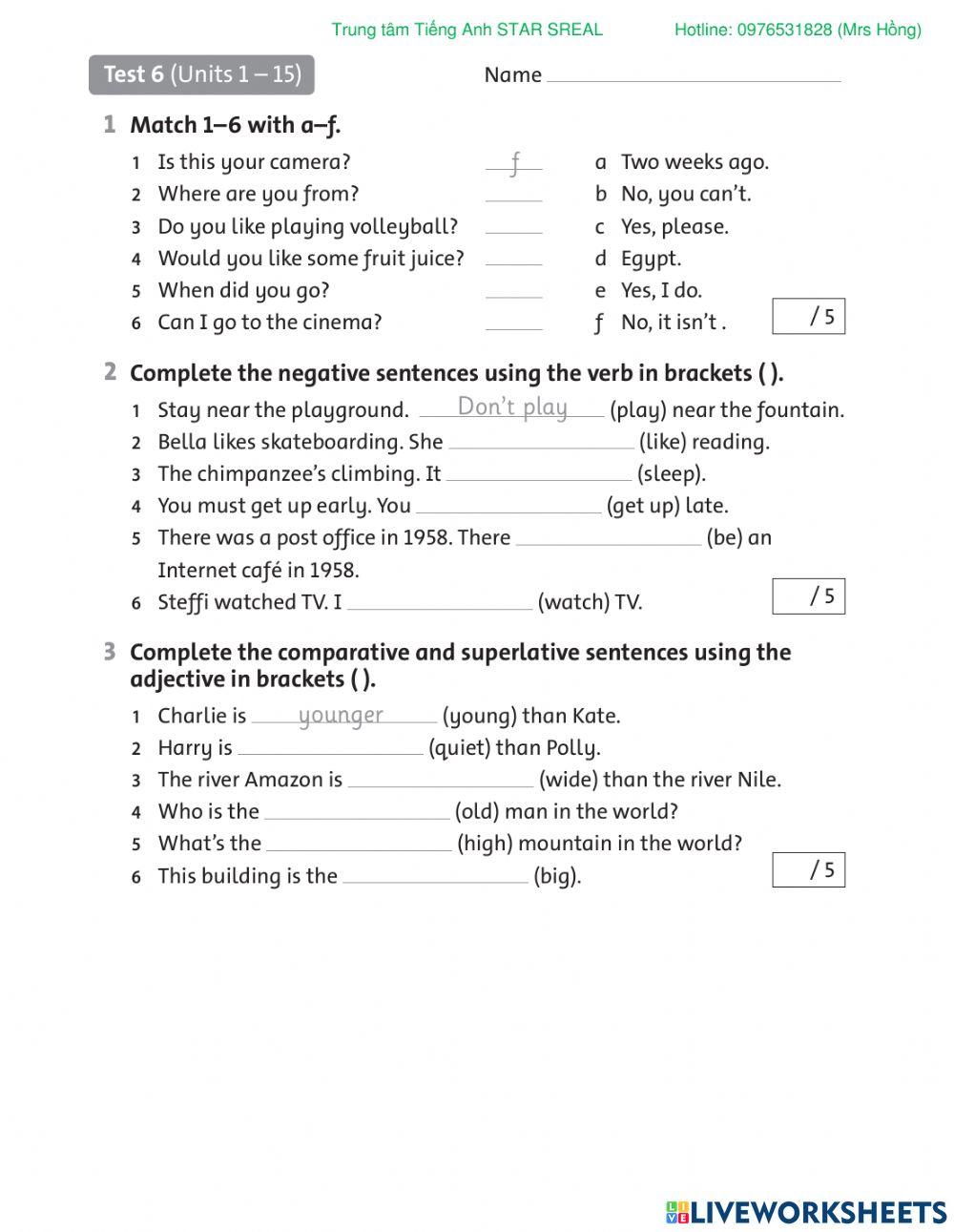 Test 6 online worksheet for 3 | Live Worksheets