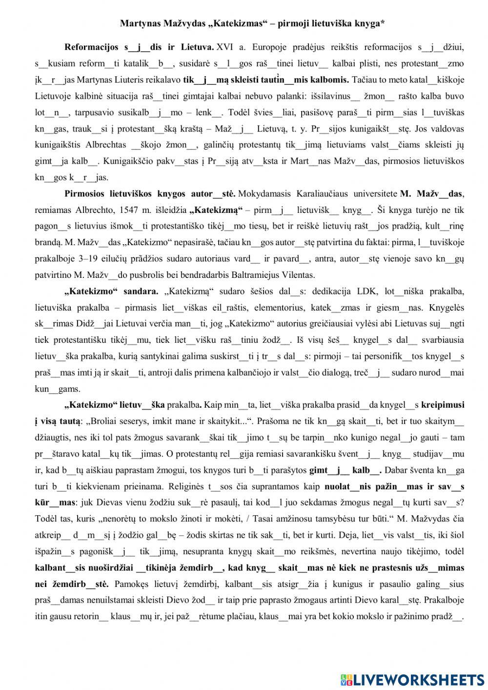 Martynas Mažvydas „Katekizmas“ – pirmoji lietuviška knyga worksheet ...