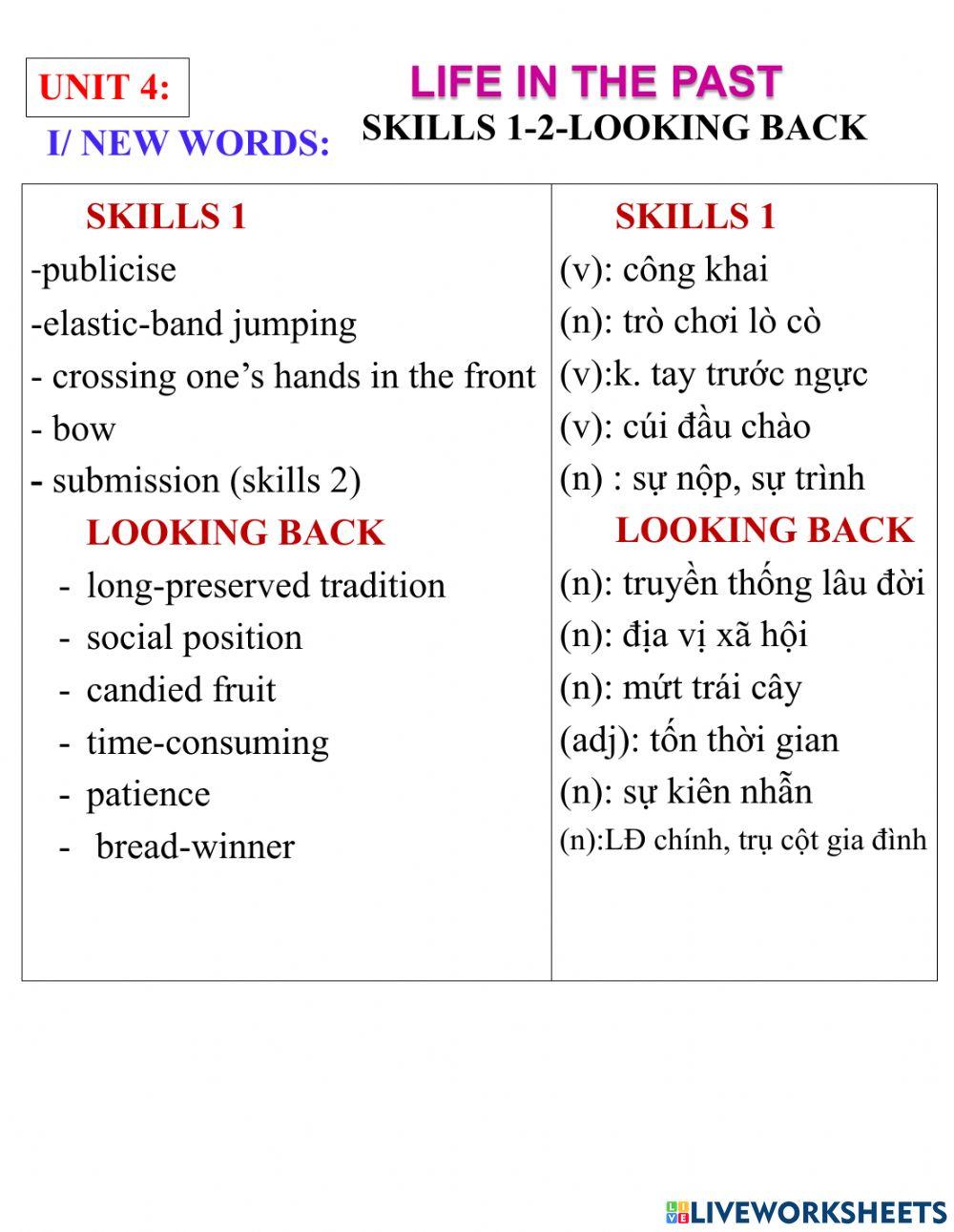 Englh 9- unit 4- skills 1-2- looking back worksheet | Live Worksheets