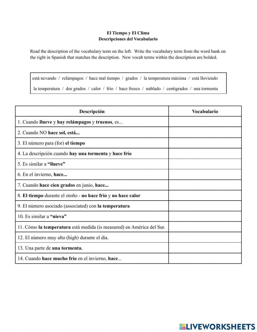 El Tiempo y El Clima - Descripciones del Vocabulario worksheet | Live ...
