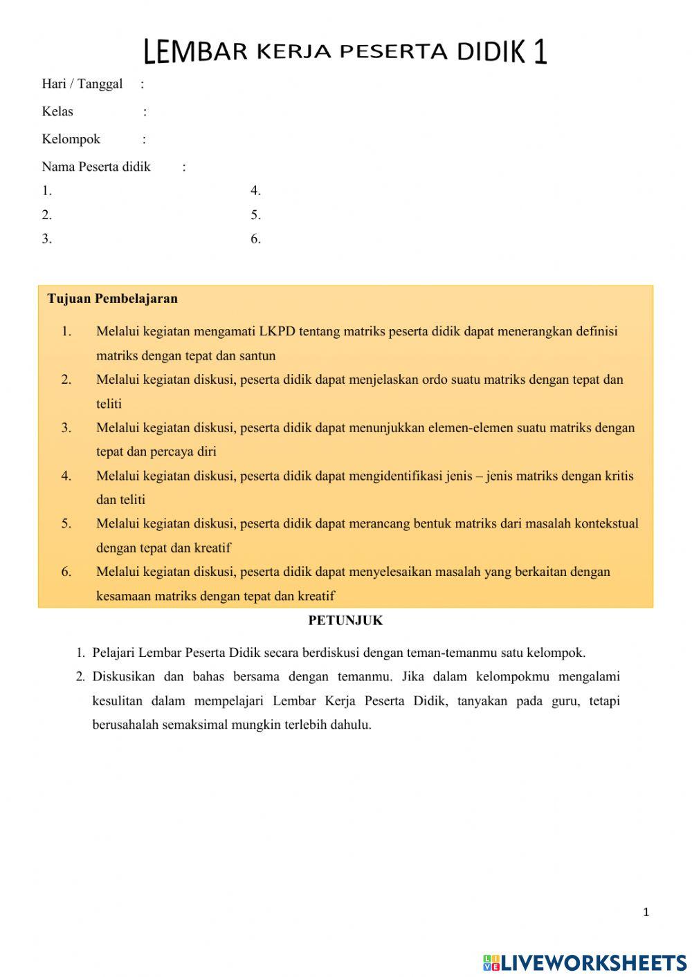 Lkpd jenis-jenis matriks worksheet | Live Worksheets