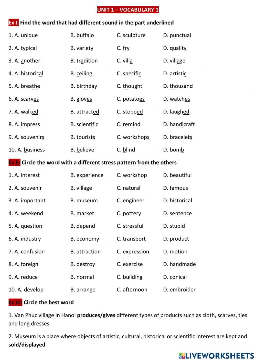 UNIT 1 - VOCABULARY 1 - GRADE 9 online exercise for | Live Worksheets