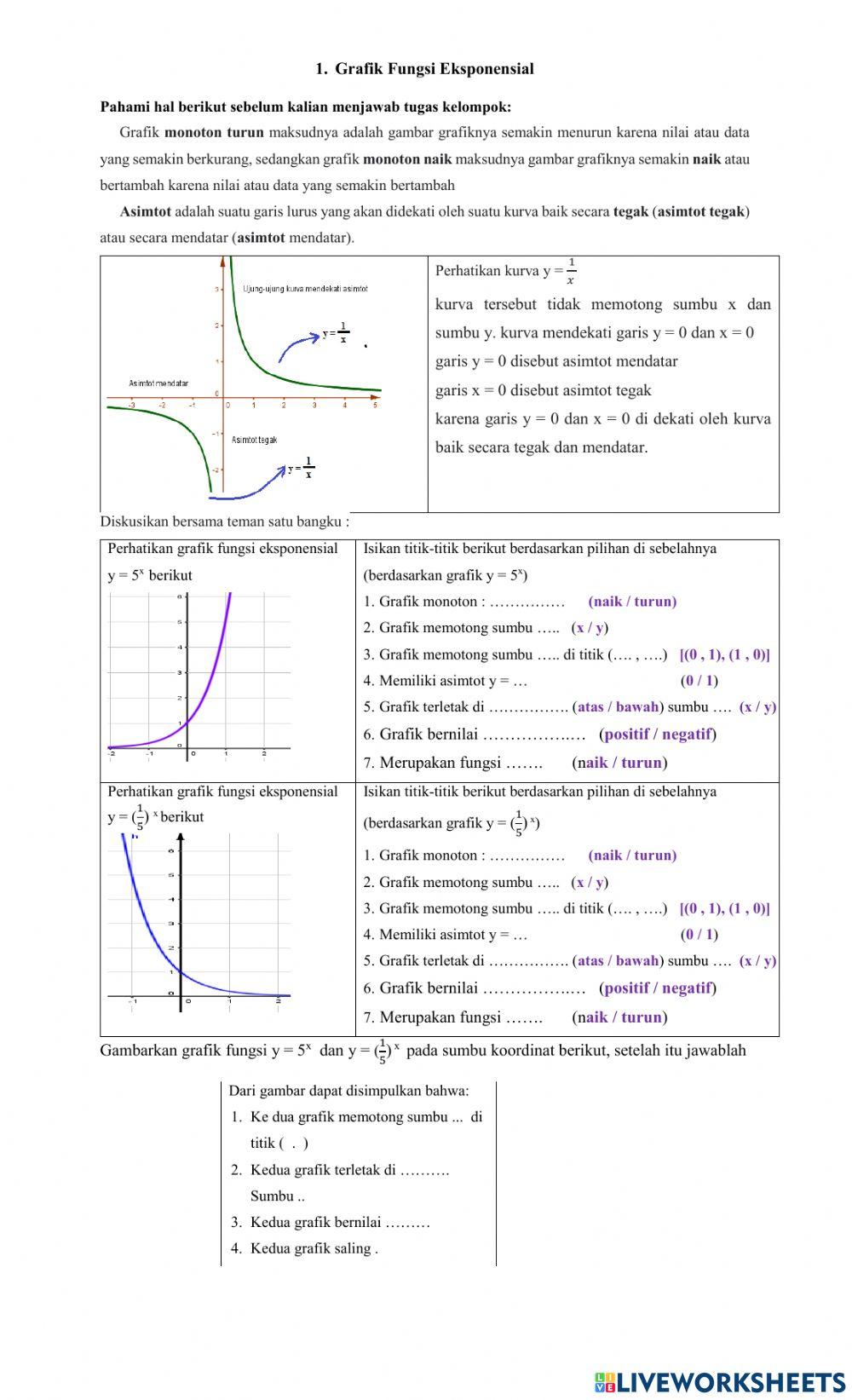 Grafik fungsi eksponen untuk a - 0 dan 0 - a - 1 online exercise for | Live Worksheets