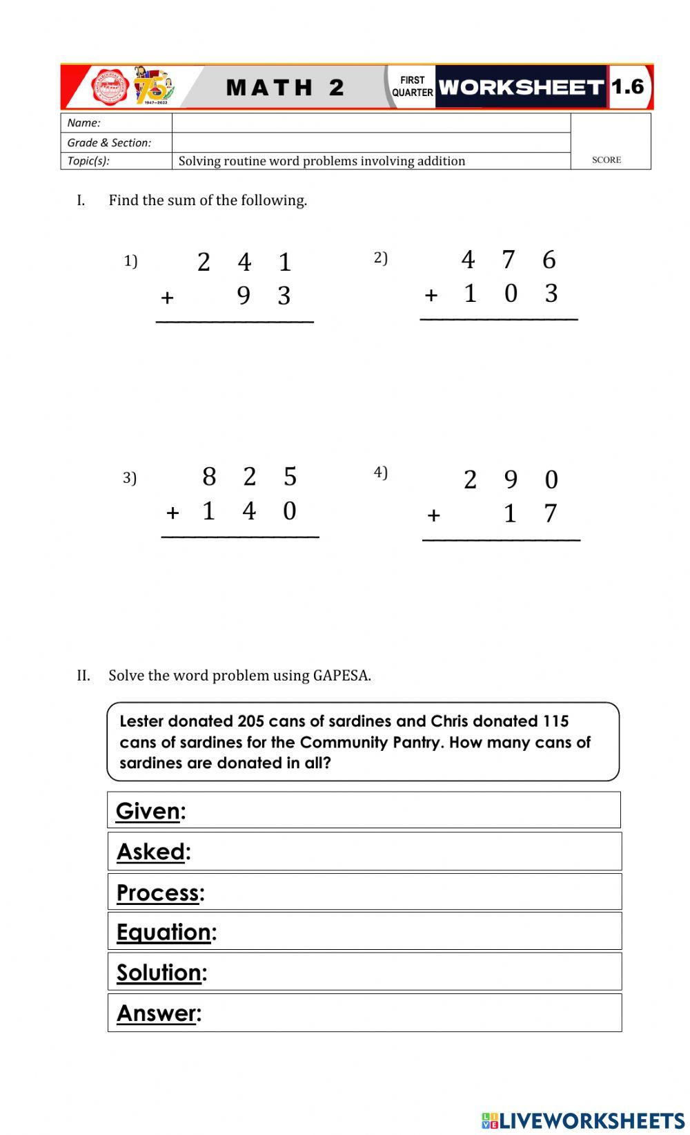 Math2 worksheet 1.6 worksheet | Live Worksheets