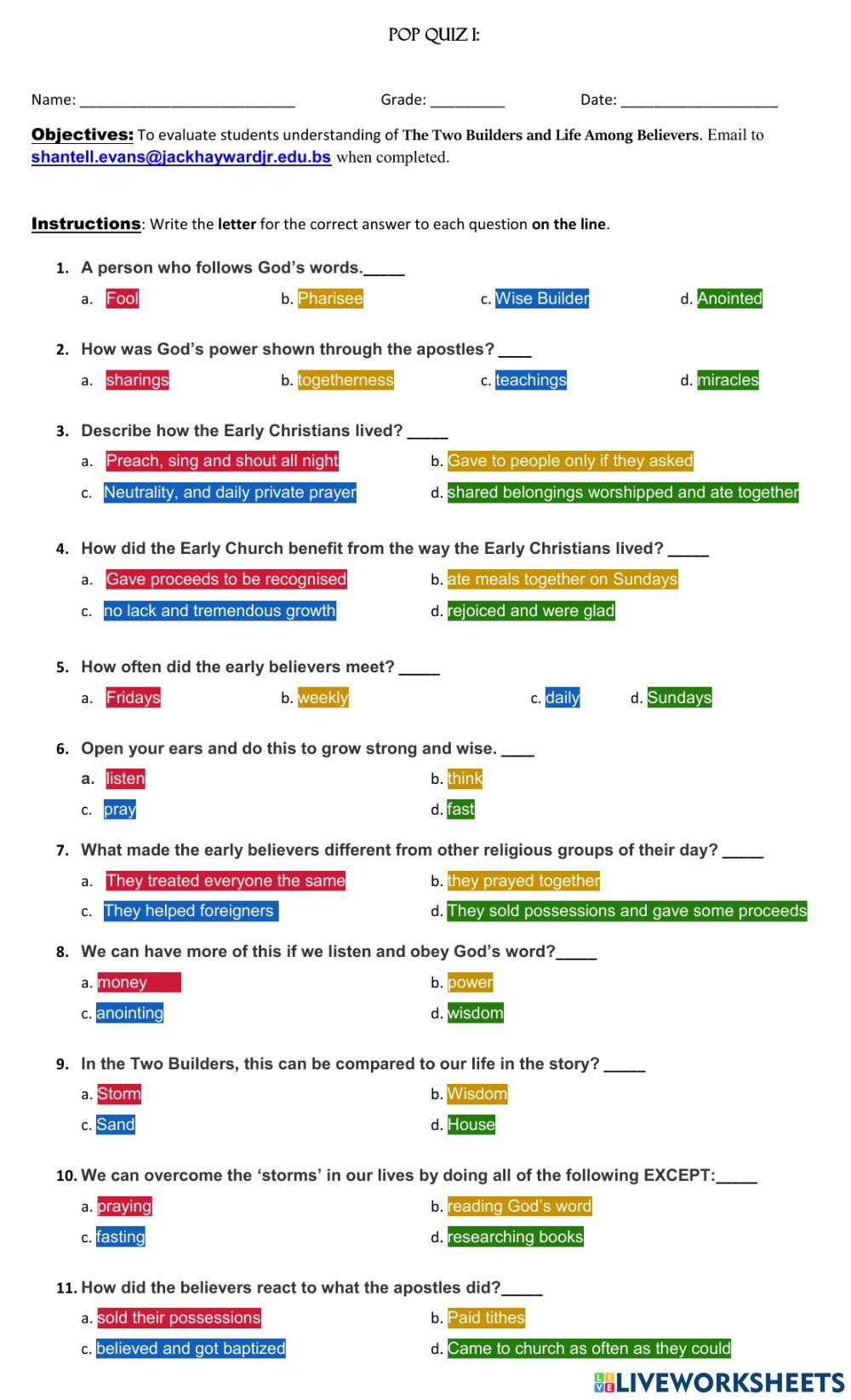 Life Among Believers & Two Builders worksheet | Live Worksheets