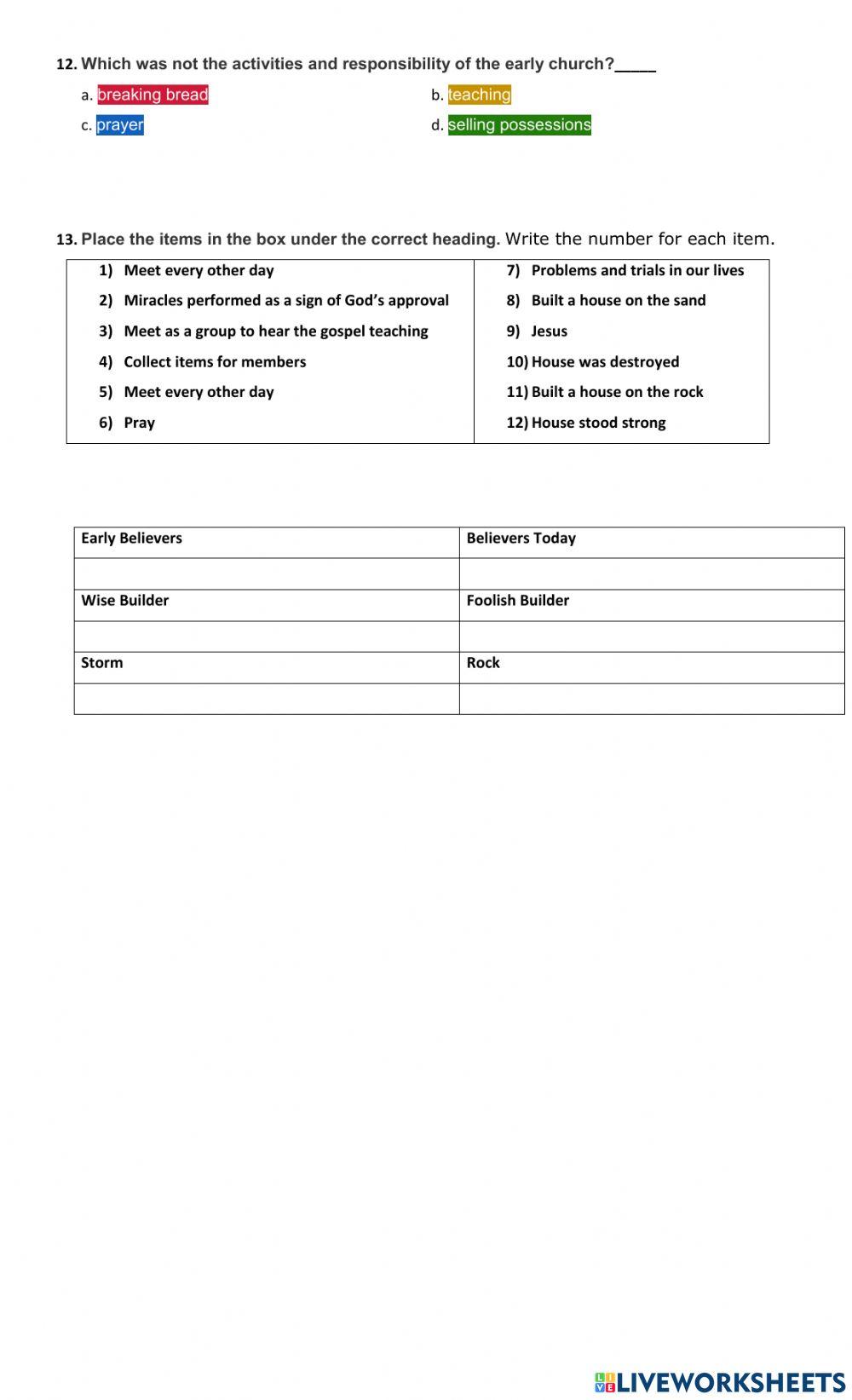 Life Among Believers & Two Builders worksheet | Live Worksheets