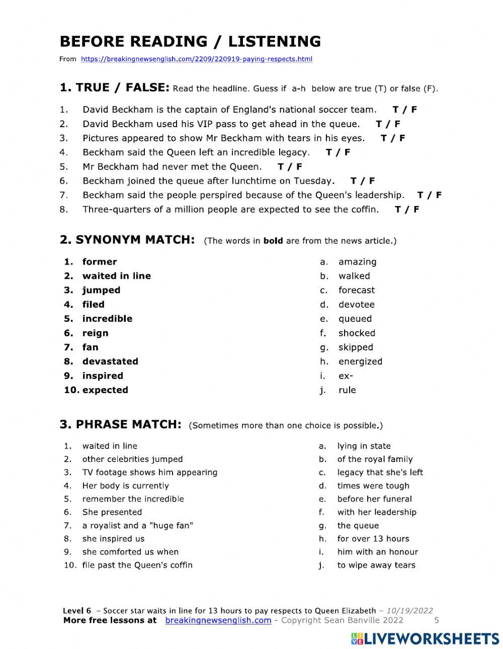 Paying Respects More vocabulary and comprehension online exercise for ...