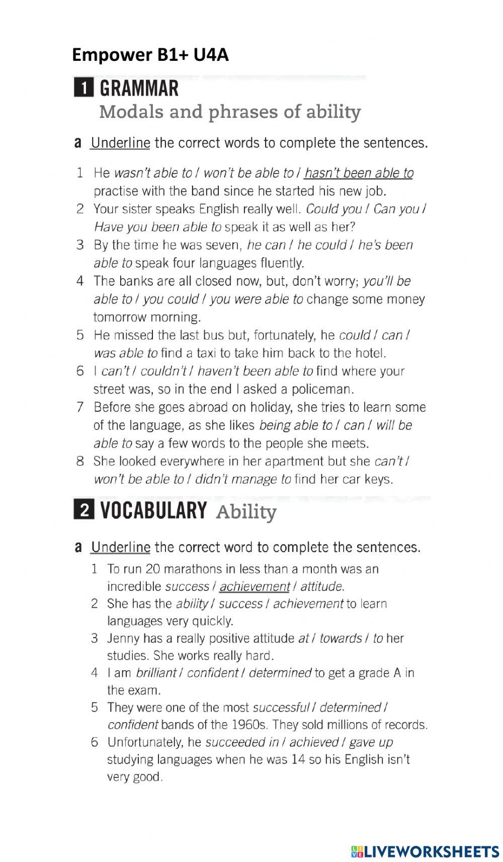 Empower B1+ U4A worksheet | Live Worksheets