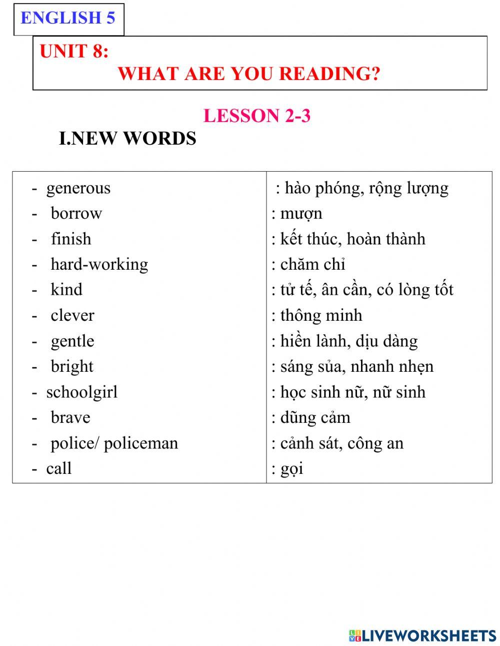 English 8- lesson 2-3 worksheet | Live Worksheets