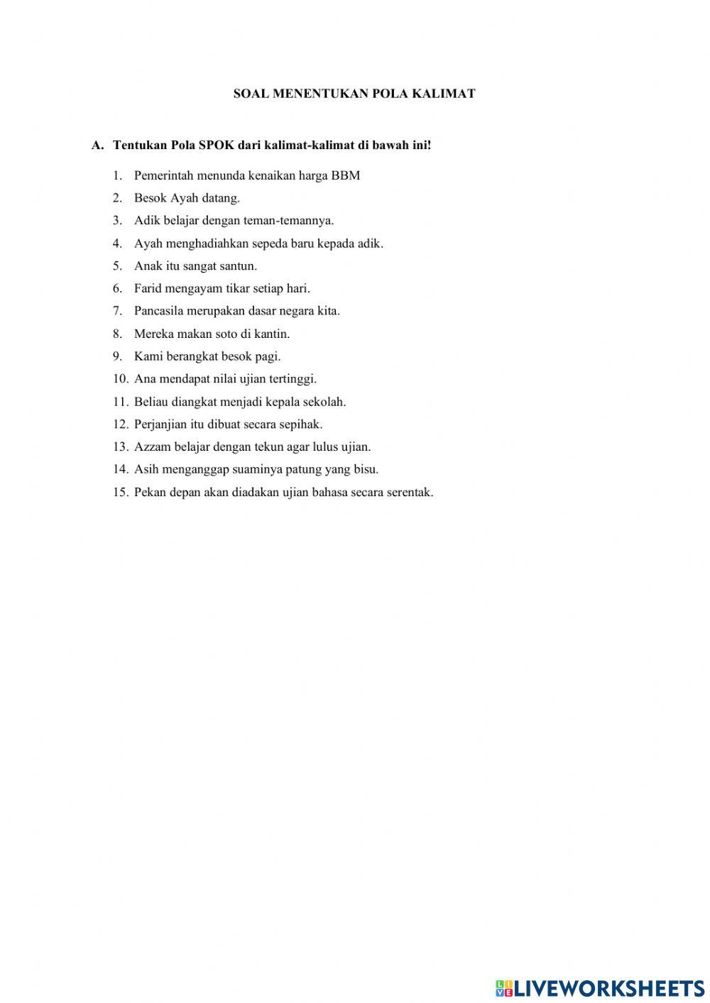 MENENTUKAN POLA KALIMAT online exercise for | Live Worksheets