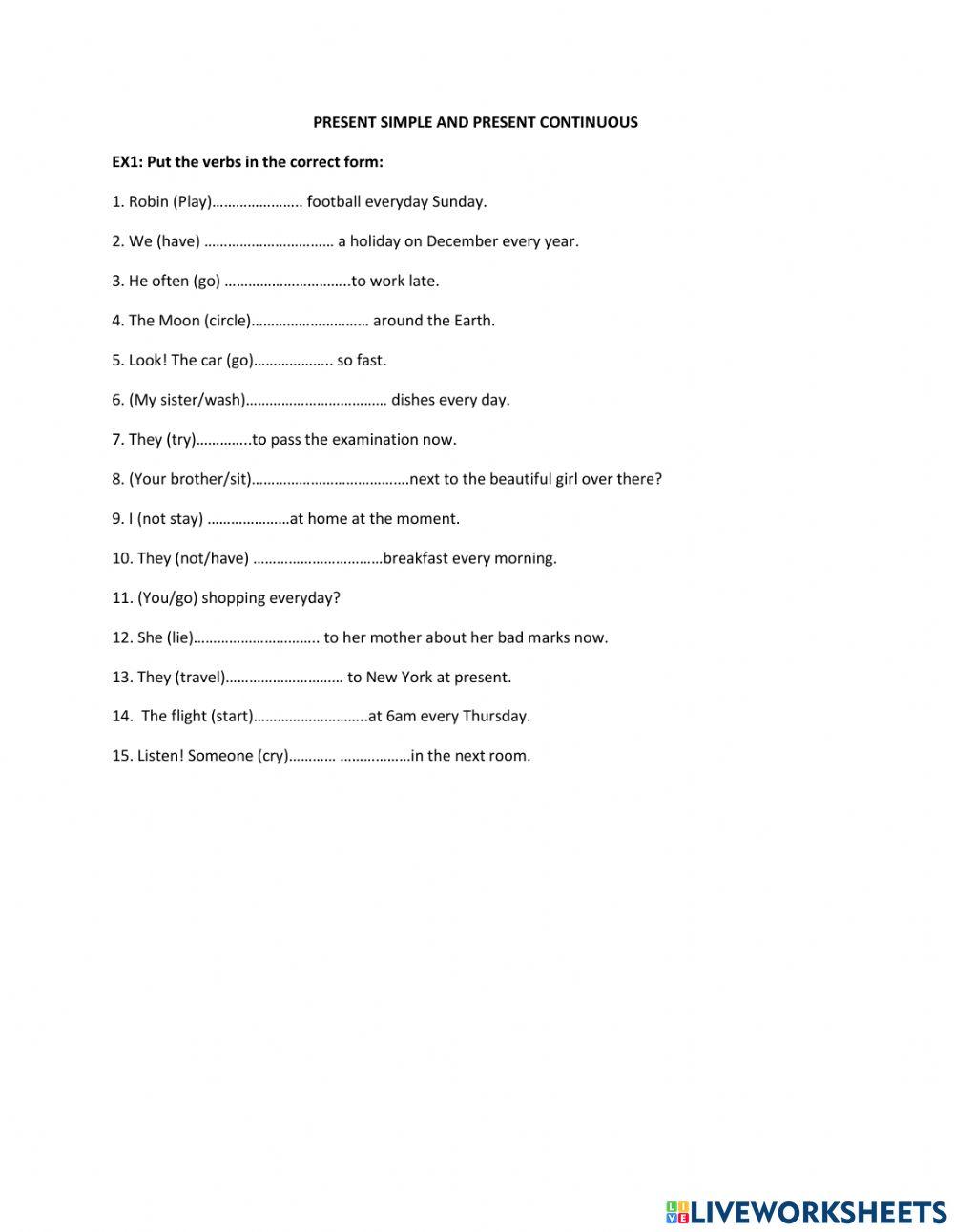 Present simple and present continuous online exercise for | Live Worksheets
