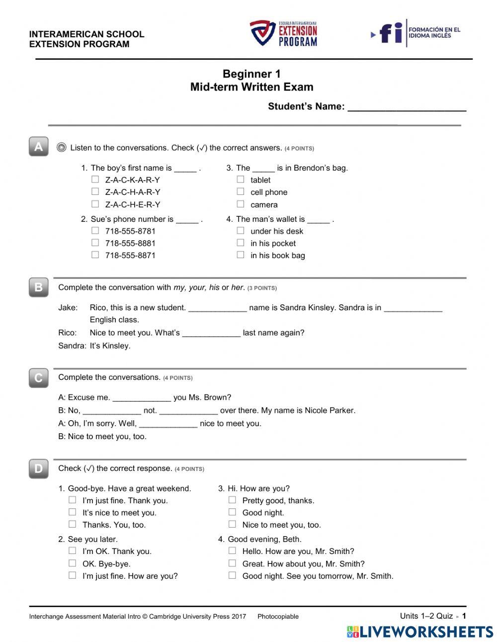Mid-term - Beginner 1 online exercise for | Live Worksheets