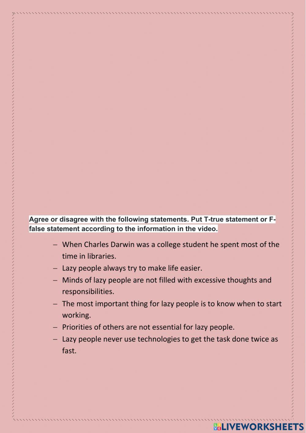 LAZY people. True- false worksheet | Live Worksheets