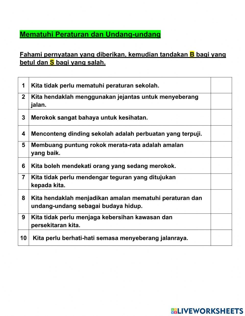 Patuh peraturan worksheet | Live Worksheets