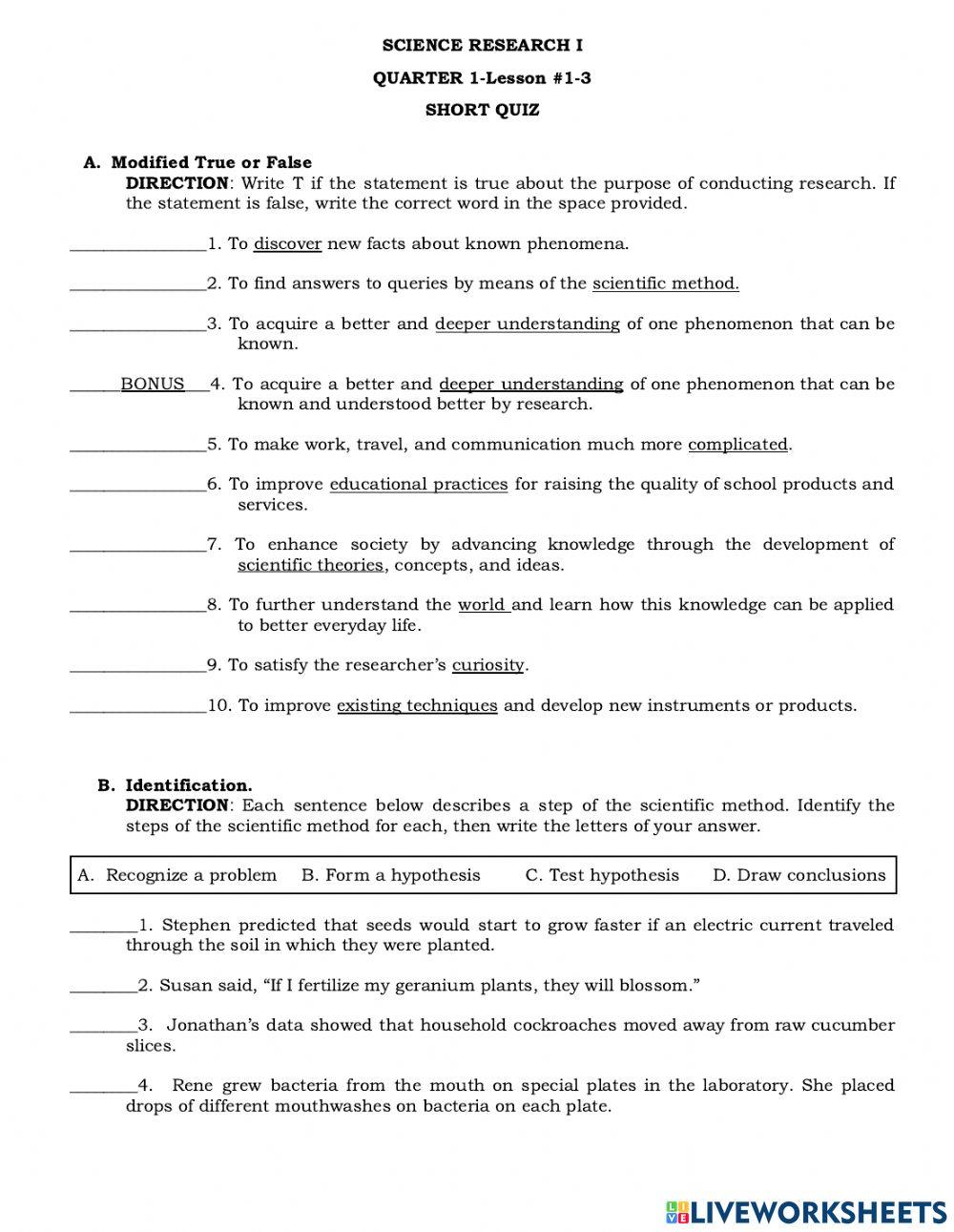 Q1-LESSON 1-3 SHORT QUIZ online exercise for | Live Worksheets