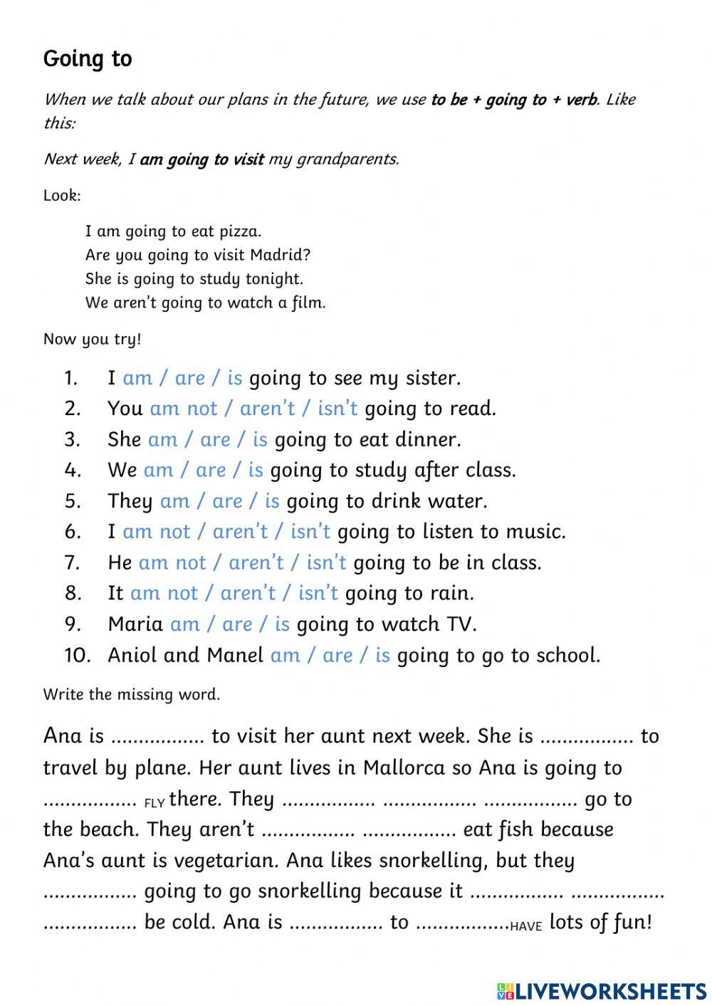 Going To online exercise for Starter, Beginner | Live Worksheets