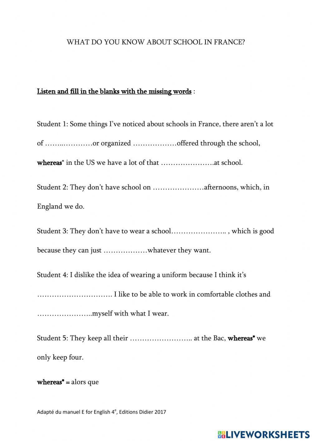 French Schools vs American or British Schools interactive worksheet ...