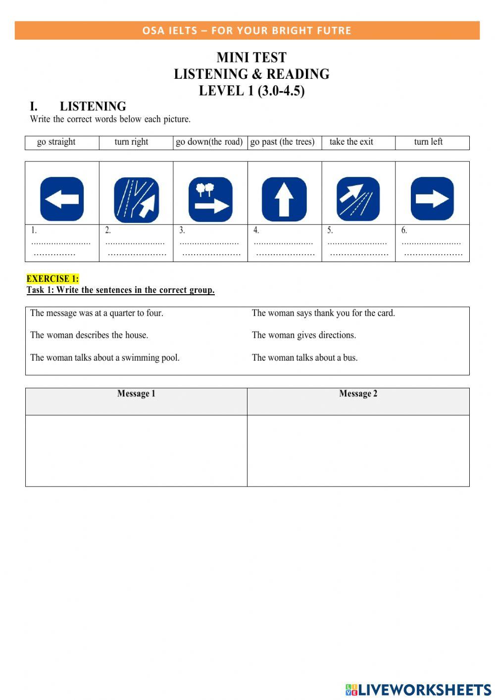 MINI TEST 1 - OSA IELTS LEVEL 1 online exercise for | Live Worksheets