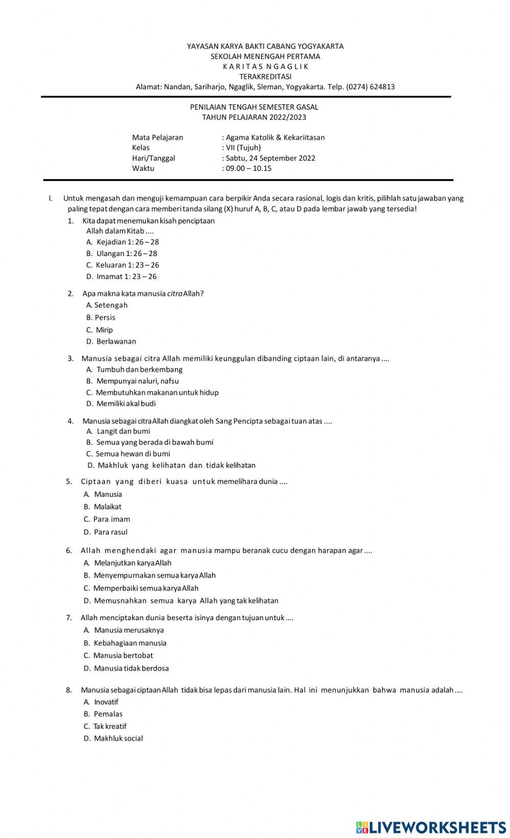 Pendidika agama katolik smt 1 kls 7 tp 222022-2023 worksheet | Live Worksheets