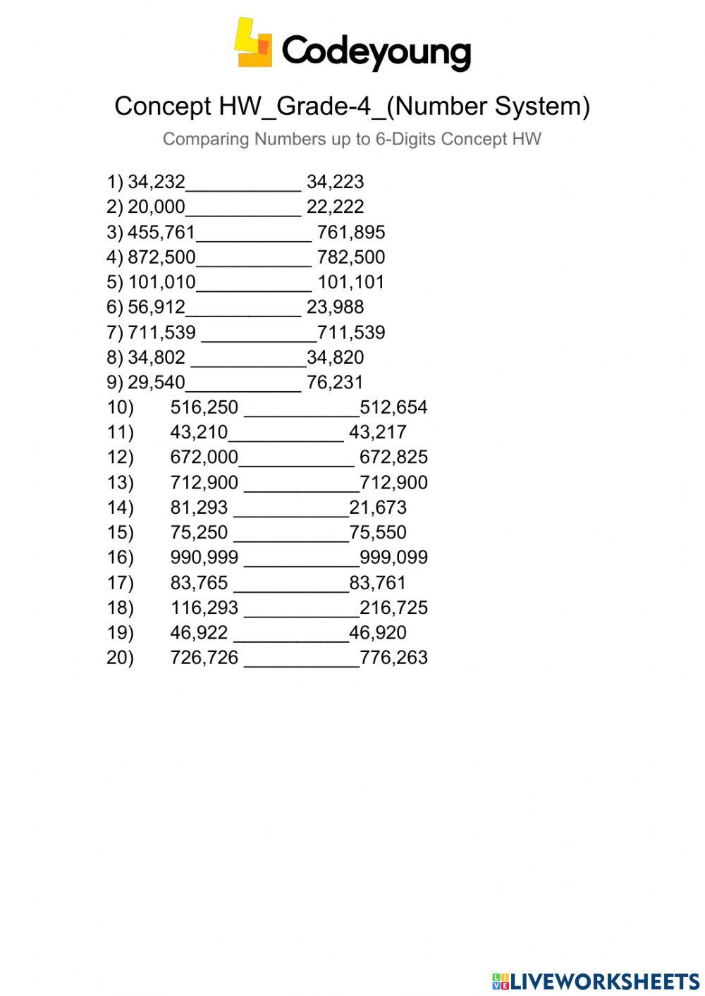 2152069 | LO1 Comparing Numbers up to 6-Digits Concept HW