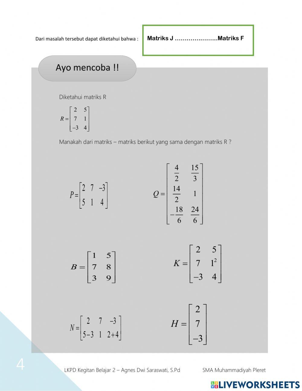 Kesamaan Matriks worksheet | Live Worksheets