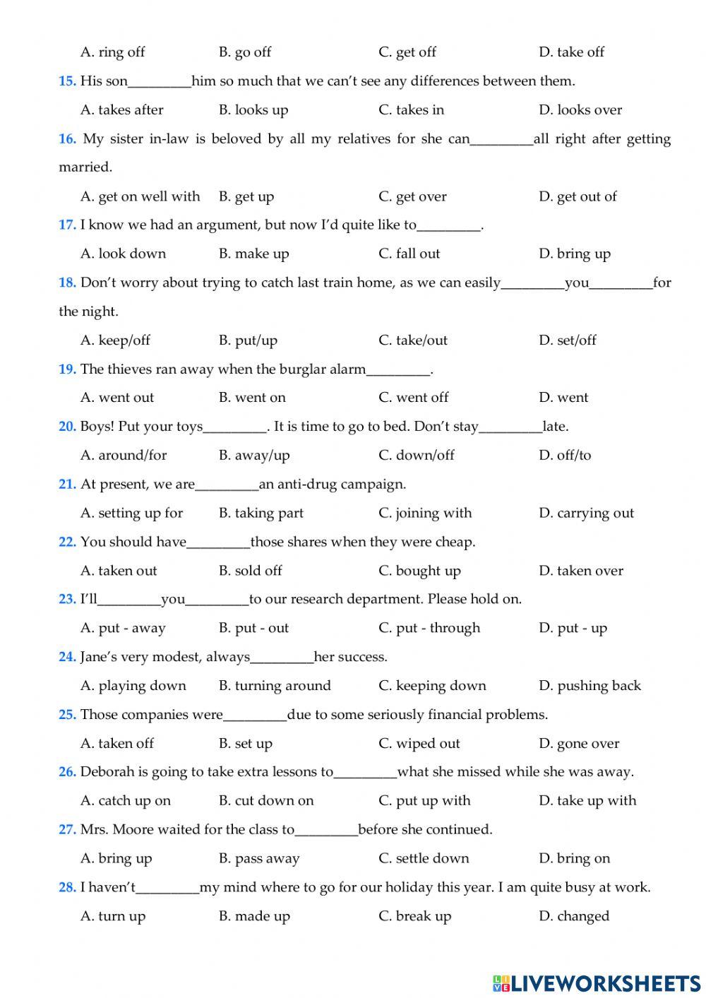 Phrasal verbs online exercise for 10 | Live Worksheets