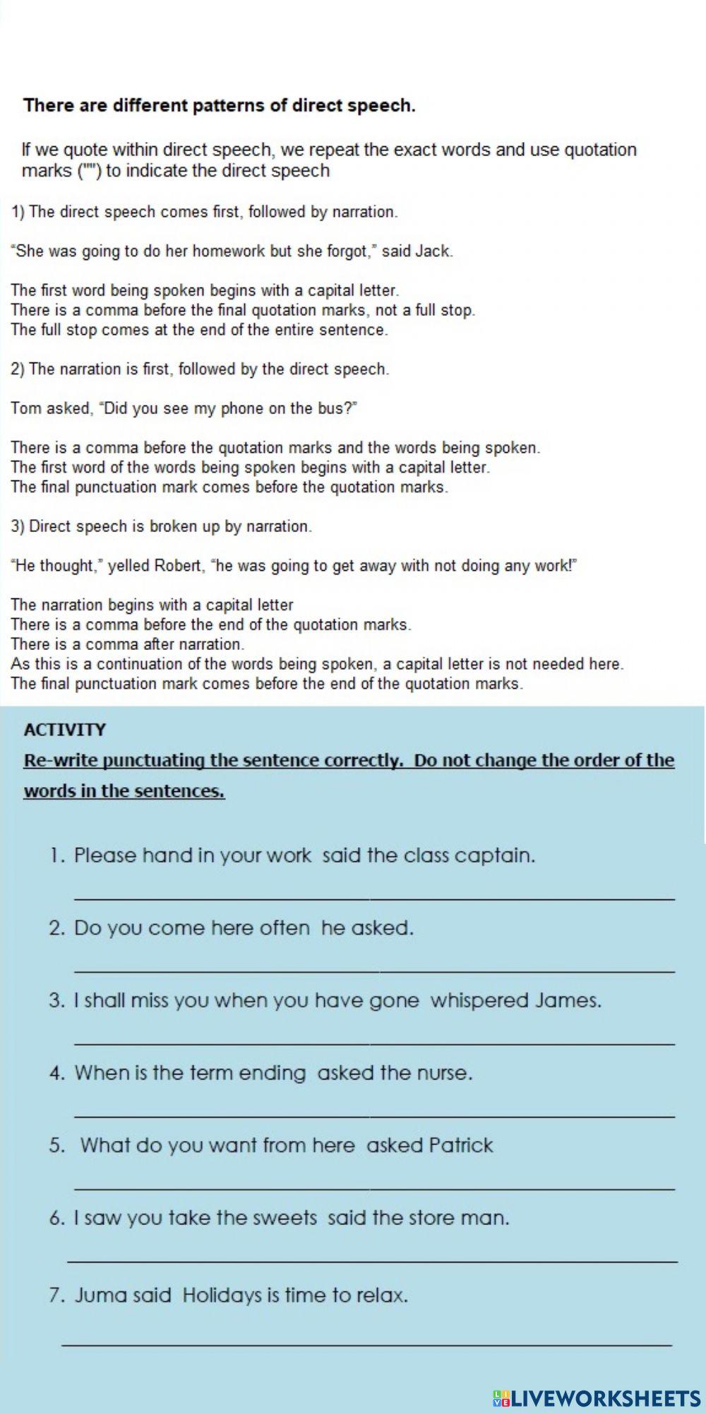 Direct speech p… | Free Interactive Worksheets | 2152913