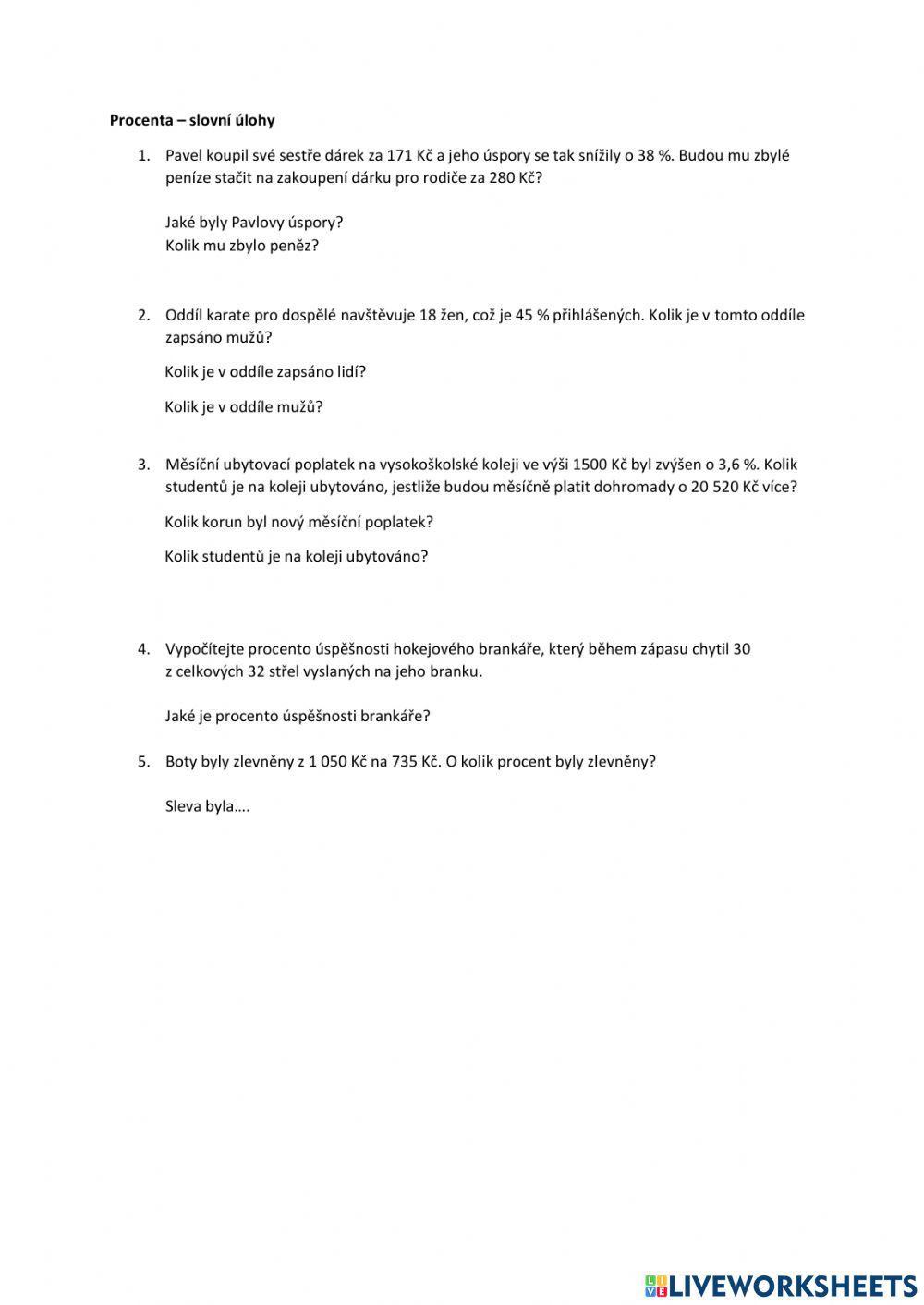 Procenta - slov… | Free Interactive Worksheets | 2153064