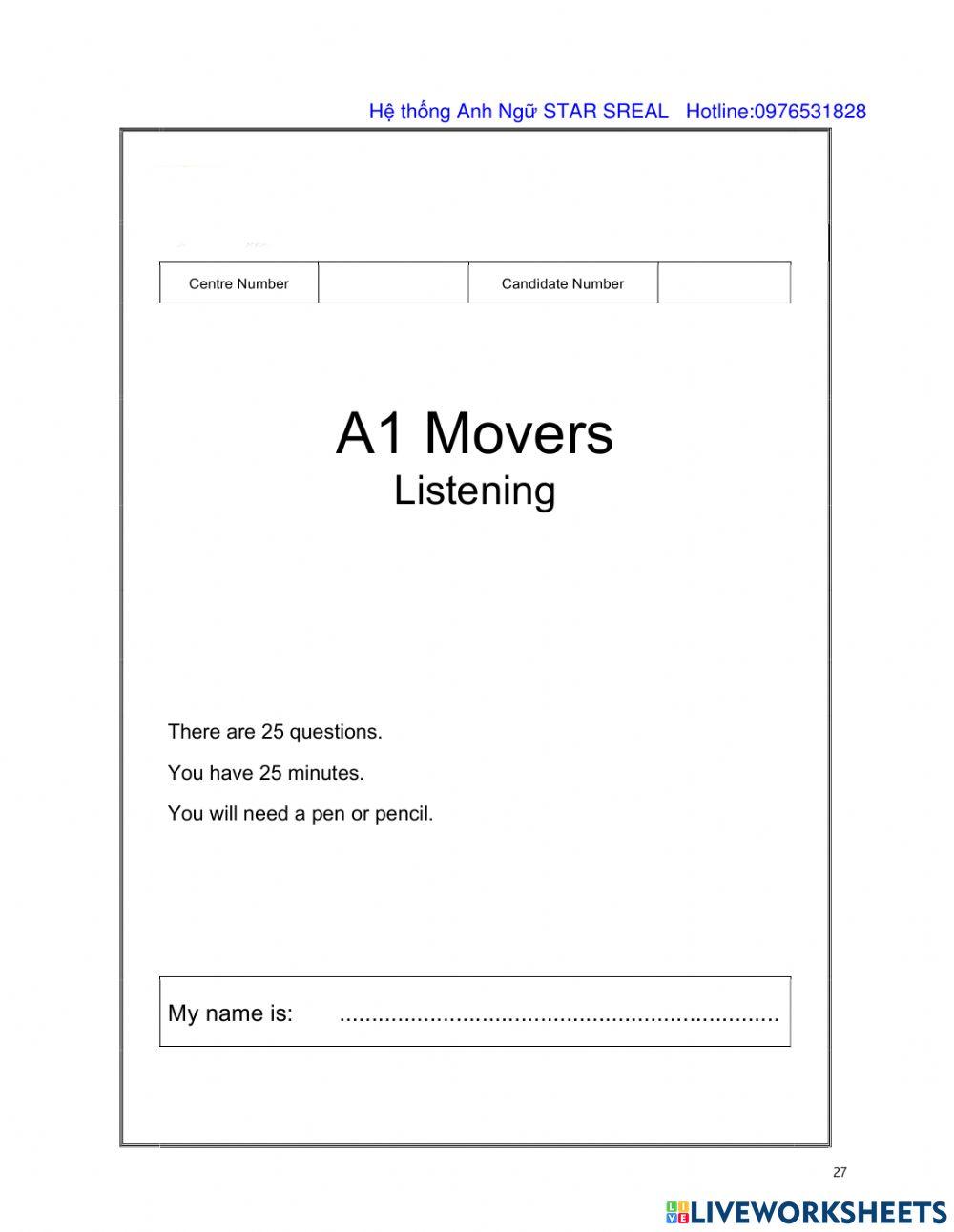 A1 Movers Liste… | Free Interactive Worksheets | 2153884