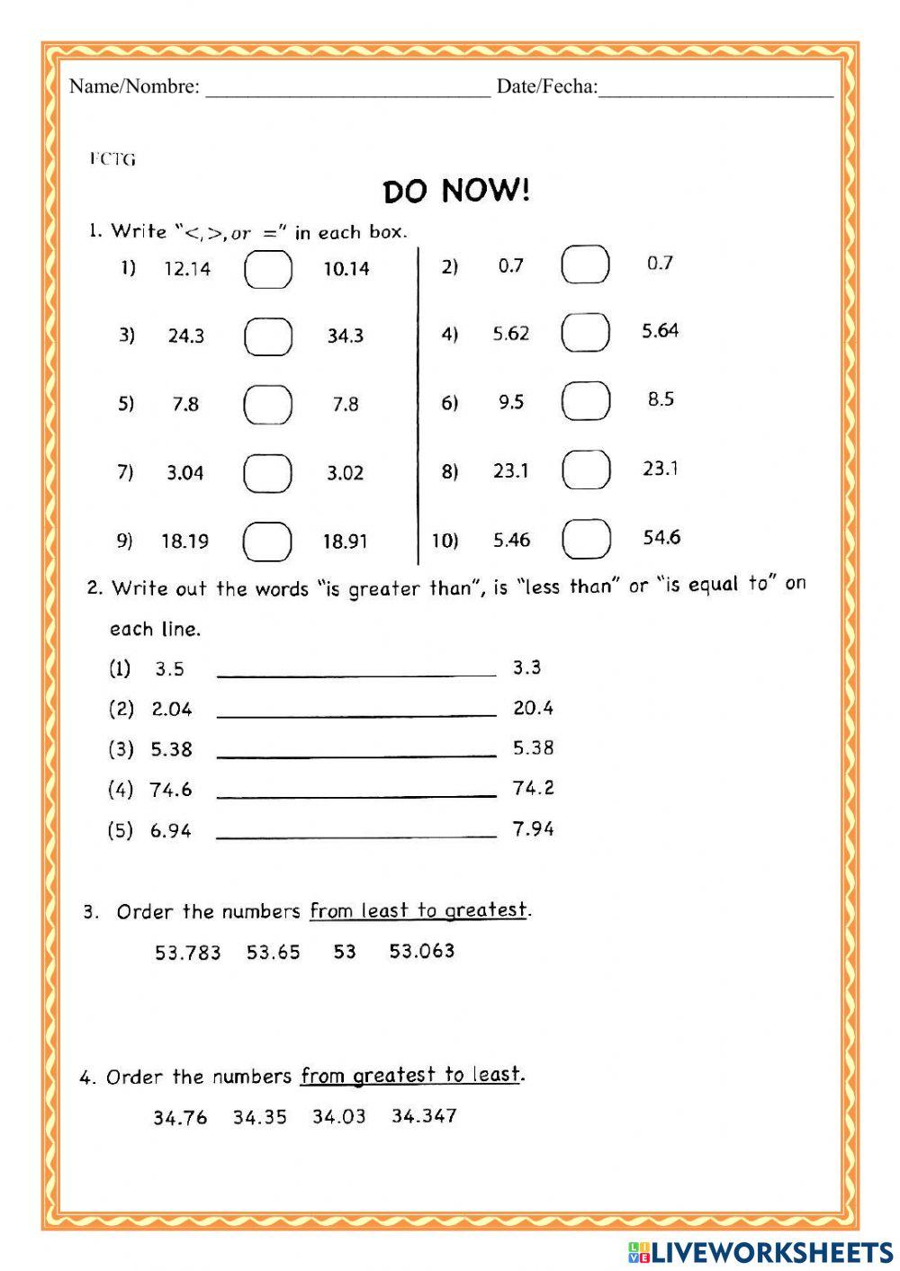 WCMFR Comparing & Ordering Decimals worksheet | Live Worksheets