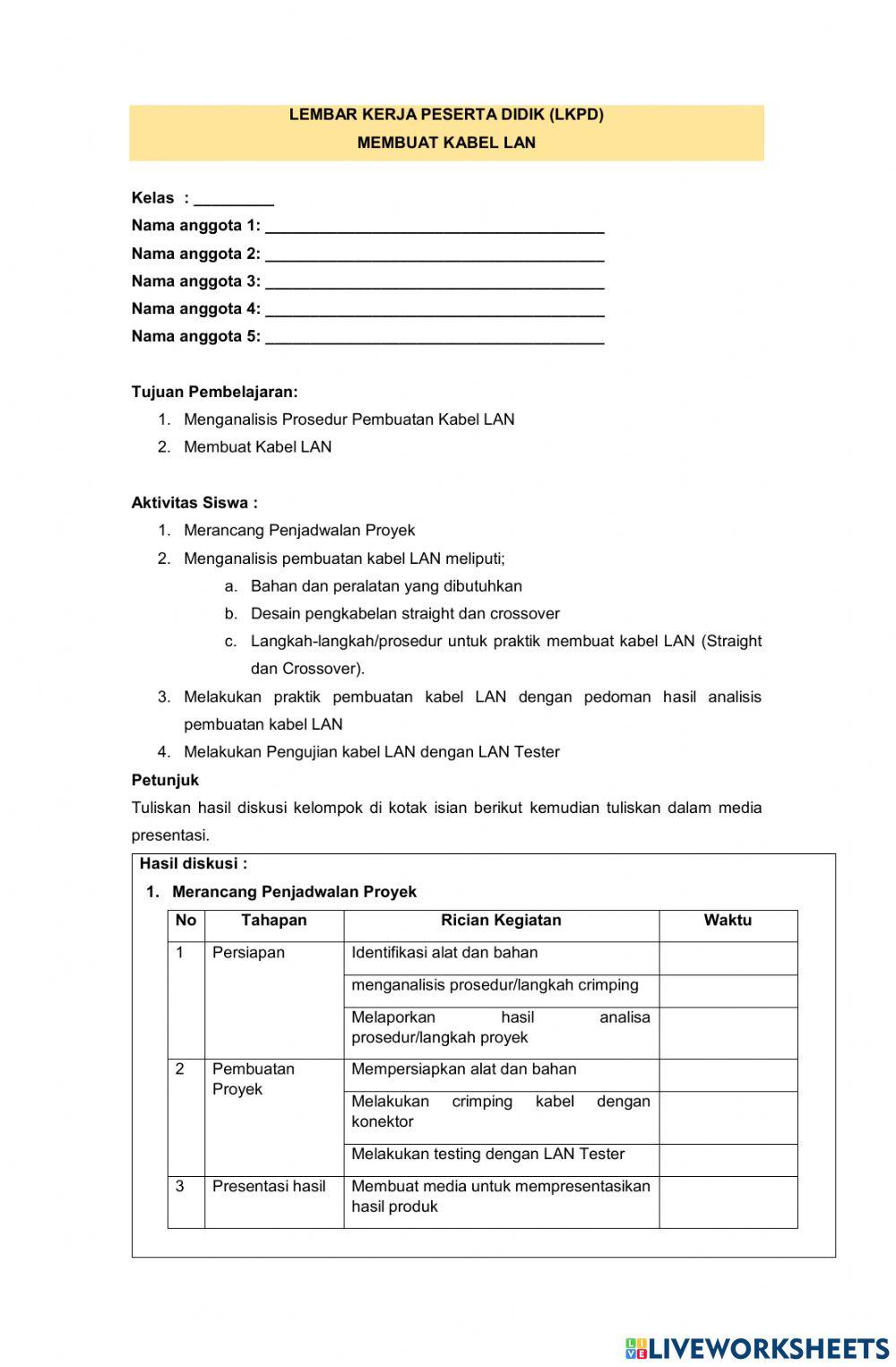 Worksheet Pembuatan Kabel LAN worksheet | Live Worksheets