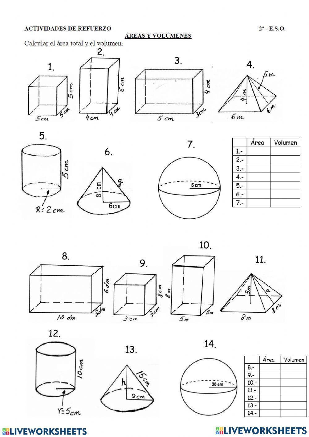 Áreas y volúmenes de sólidos worksheet | Live Worksheets