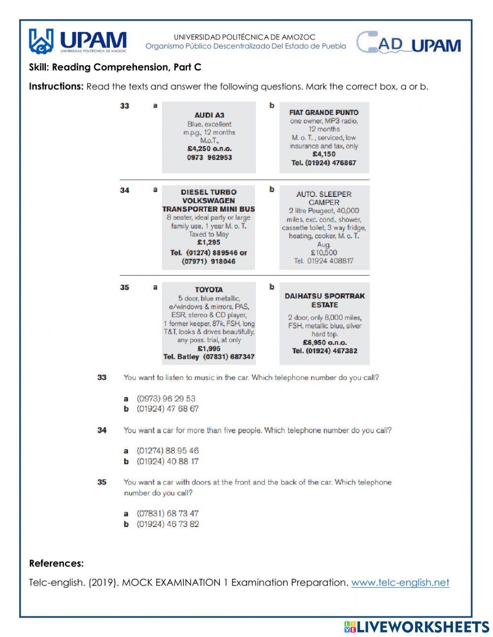 Reading Diagnostic test A1 online exercise for | Live Worksheets
