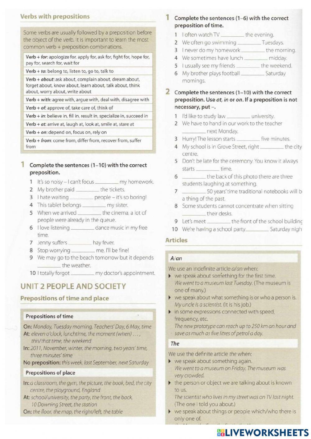 prepositions of time and place online exercise for | Live Worksheets