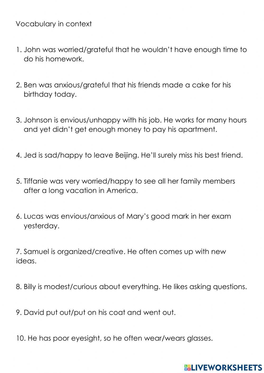 Vocabulary in Context online exercise for | Live Worksheets