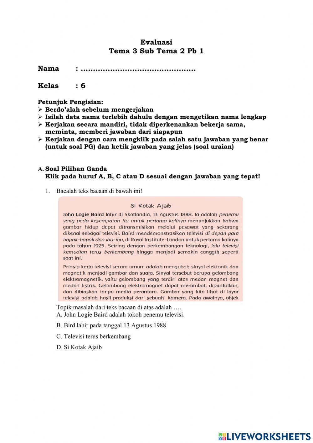 Evaluasi Tema 3 Sub 2 Pb 1 worksheet | Live Worksheets