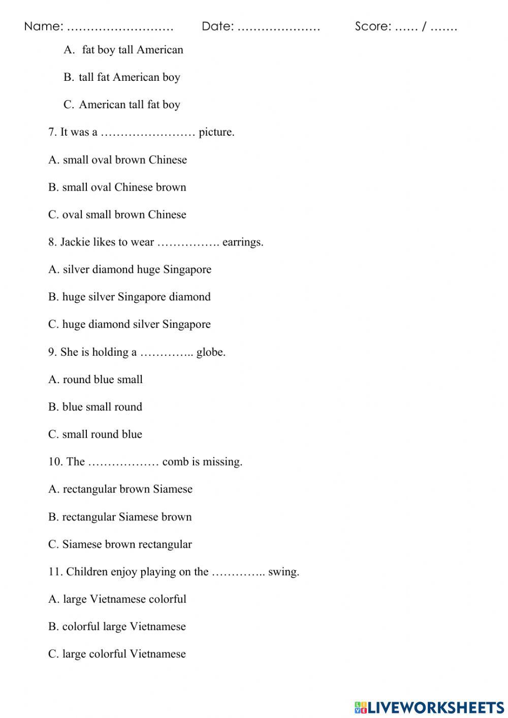 Adj order interactive worksheet | Live Worksheets