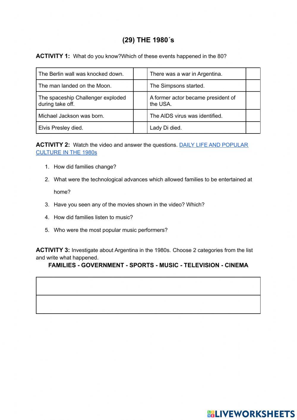 The 1980s | Free Interactive Worksheets | 2156665