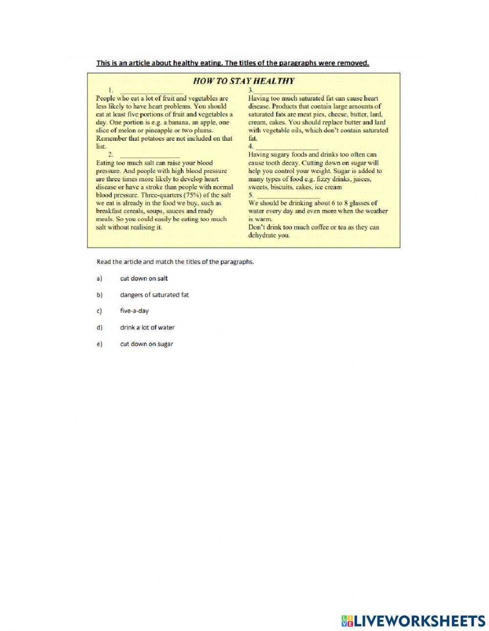 Stay healthy online exercise for Pre intermediate | Live Worksheets