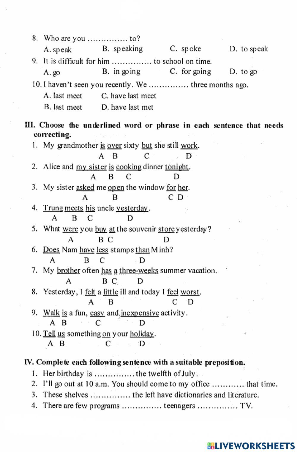 English test online exercise for 7 | Live Worksheets