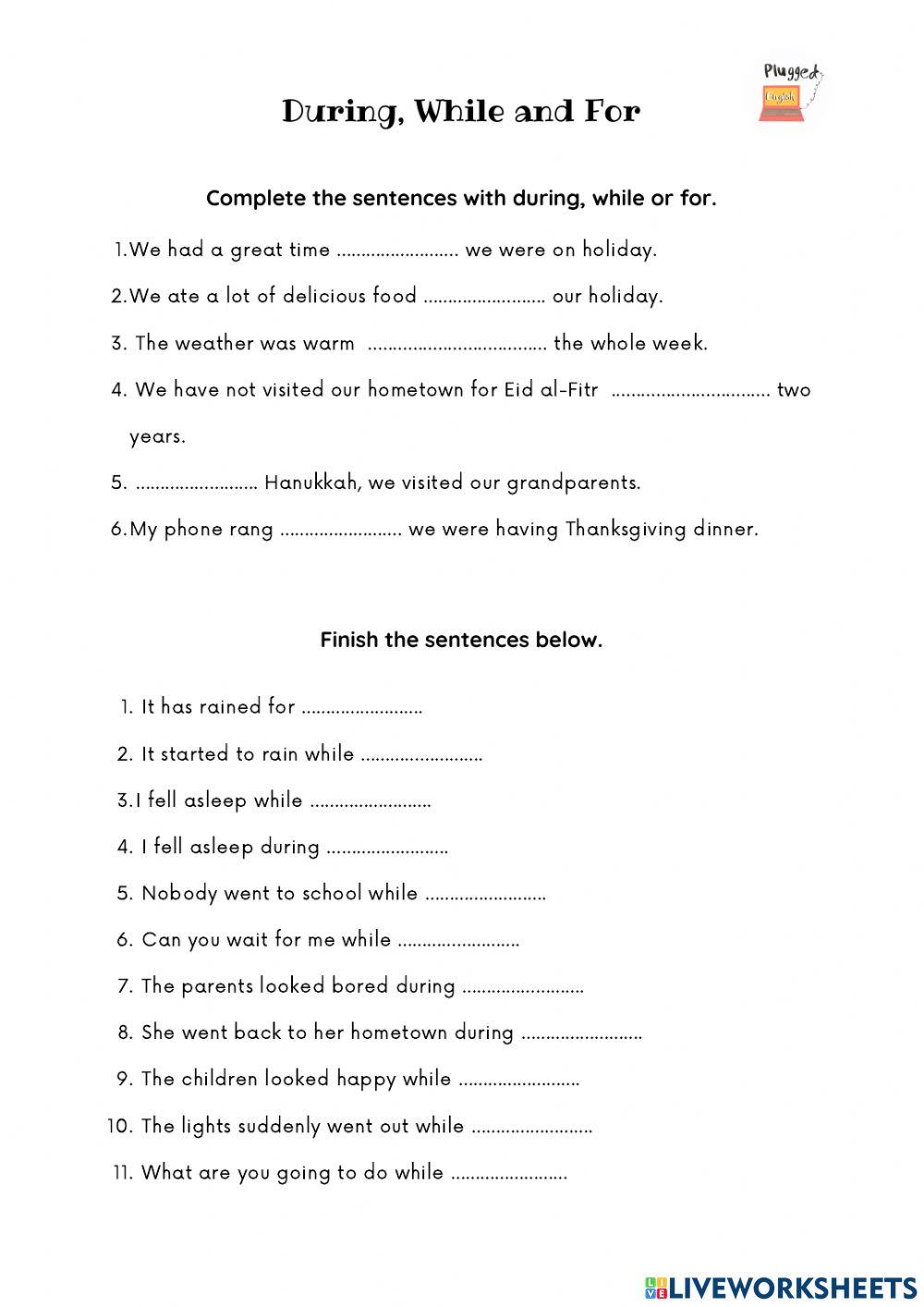 During, for, wh… | Free Interactive Worksheets | 2157470