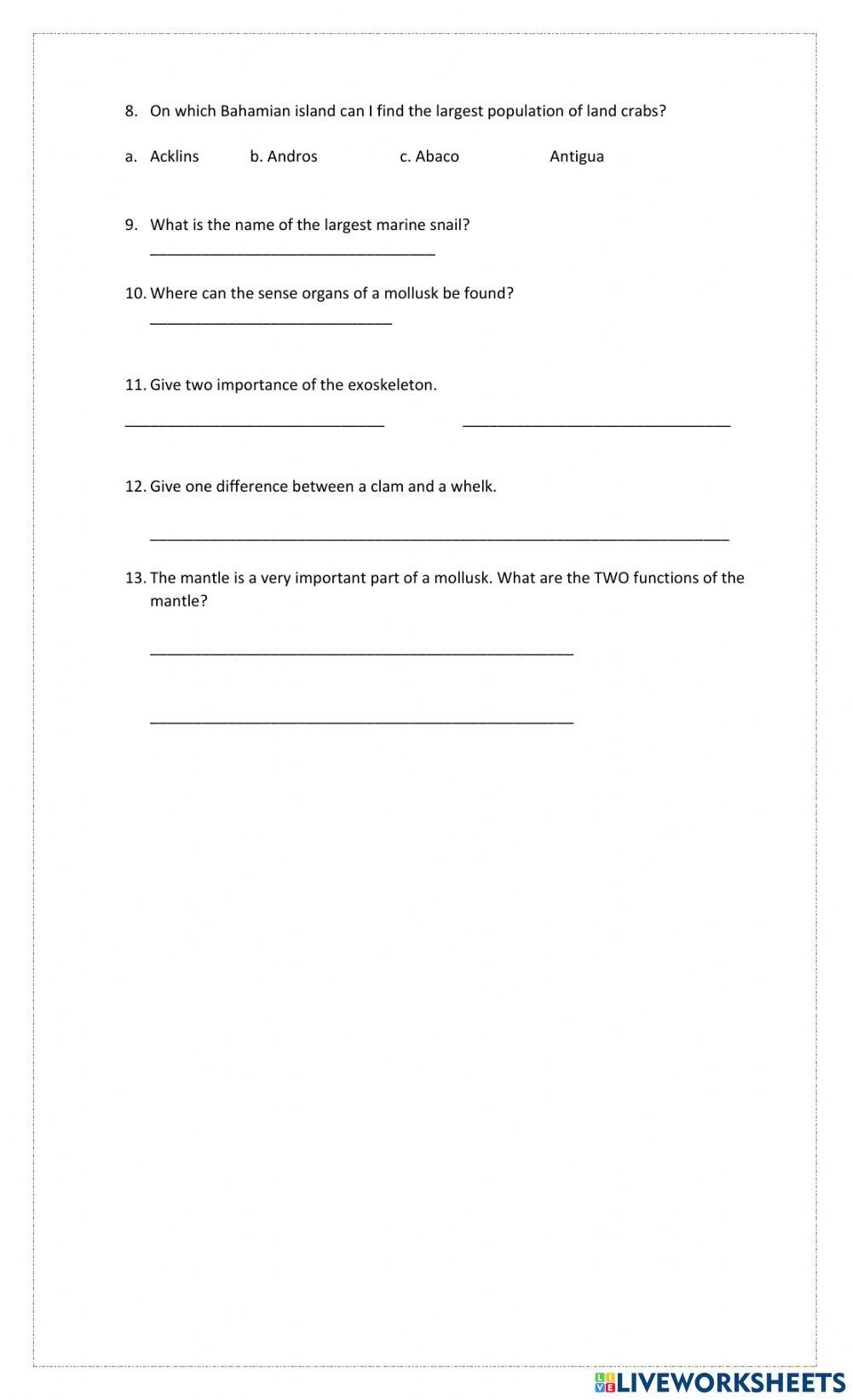 Crustaceans and… | Free Interactive Worksheets | 2158209