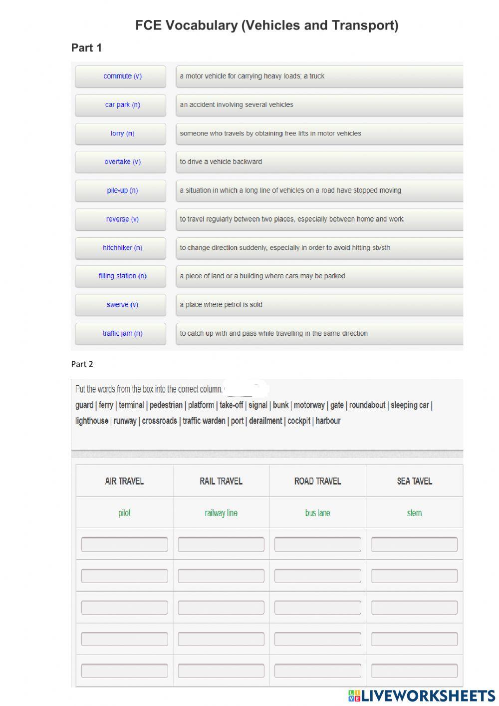 Transport and vehicles (vocabulary FCE-PET) online exercise for | Live ...