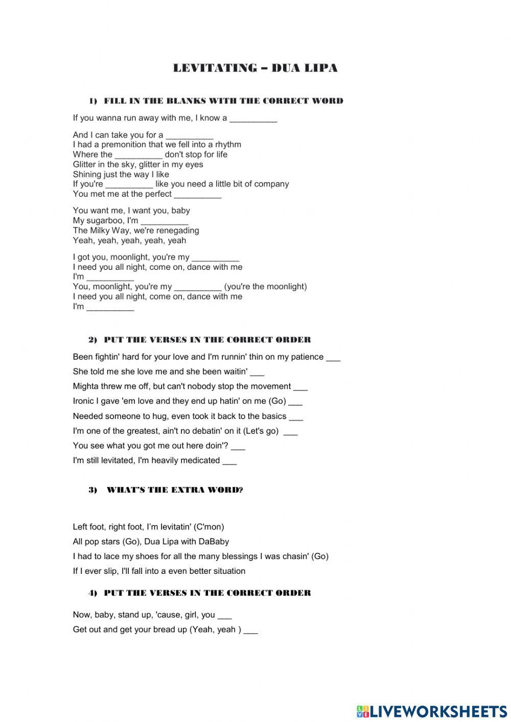 Levitating Dua Lipa worksheet | Live Worksheets